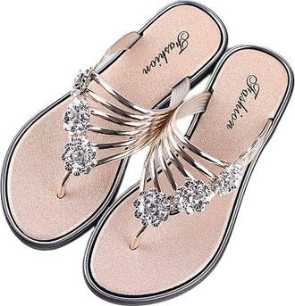 Onsoyours Sandalen Damen Strand Hausschuhe Sommer Freizeit Flip Flops Bohemian Sommerschuhe Flach Zehentrenner mit Strass A Champagner 37 EU