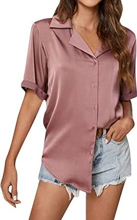 Generic T-shirts et chemisiers pour femme - Haut &agrave; manches courtes confortable - Chemise boutonn&eacute;e &agrave; manches courtes - Couleur unie - Chemise surdimensionn&eacute;e 