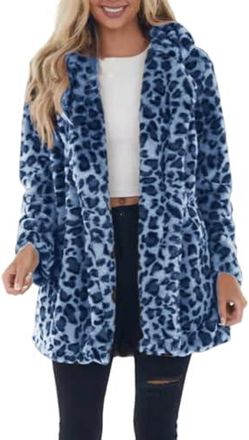 Generic Veste mi-longue pour femme - Imprimé léopard - Fausse fourrure - Automne et hiver - Manteau en fourrure ample avec poches, bleu, 5XL