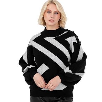 Lovedrobe Womens Jumper Ladies High Neck Long Balloon Sleeve Sweater Geometric Jacquard Button Detail Casual Knitwear Pullover, Noir 52-54