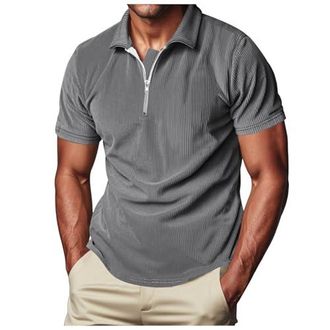 Generic Polo d&eacute;t&eacute; en velours c&ocirc;tel&eacute; pour homme, demi-fermeture &eacute;clair, revers et manches courtes, gris, 3XL