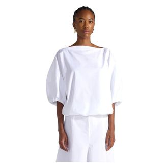 Liviana Conti Femme, Blouses et Chemises, Blanc, Taille: 34 FR Blouse L&eacute;g&egrave;re en Popeline avec Manches Bouffantes Trois-Quarts