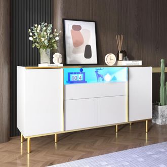 STILVORA Buffet et Enfilade avec 4 Portes et 1 Tiroir, LED, Brillant, Style Moderne, pour Salon, en MDF, 150&times;40&times;80 cm, Blanc