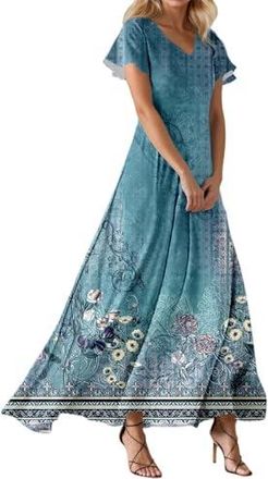 Generic Robe d&eacute;t&eacute; mi-longue &agrave; manches courtes et col en V pour femme 2026, bleu clair, 3XL