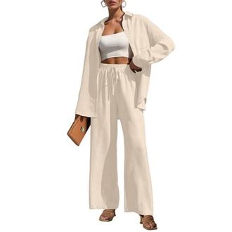 Generic Ensemble deux pièces pour femme avec chemise boutonnée sur le devant et pantalon large à nouer sur le devant, ensemble en lin, tenues modestes pour fe