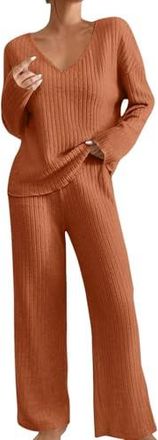 Generic Ensemble 2 pièces en tricot pour femme - Ensemble de maison 2 pièces élégant côtelé - Pyjama ample - Manches longues - Col en V - Haut à jambes larges