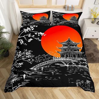 Generic Bettw&auml;sche 155x200 Japanische Landschaft Bettw&auml;sche-Sets Schwarz Bettbezug mit Rei&szlig;verschluss 3D Weiche Mikrofaser Bettbez&uuml;ge mit 2 Kissenbez&uuml;ge 80x80