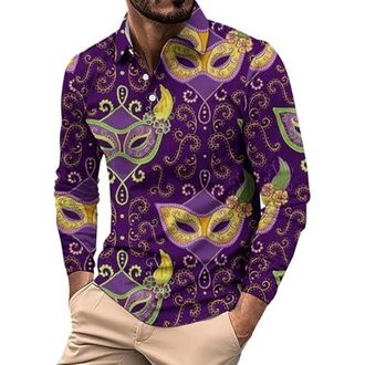 Generic Chemise &agrave; manches longues pour homme - Masque de carnaval - Imprim&eacute; plumes - Manches longues - Col 1/4 bouton - Pour f&ecirc;tes r&eacute;tro et occasions festives