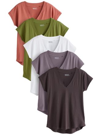 Next Damen Standard T-Shirts mit Fl&uuml;gel&auml;rmeln 100% Baumwolle, 5 STK. White/Grey/Khaki/Rust/Brown XL