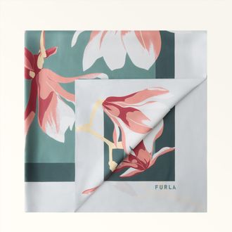Furla Tortona Schal Edera Green Gr&uuml;n Seidentwill Mit Little Magnolia-print Damen