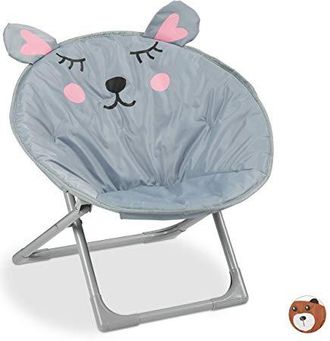 Relaxdays Moonchair Kinder, Maus, faltbar, HxBxT: 47 x 50 x 48 cm, Kinderstuhl draußen & drinnen, Kindersessel, grau