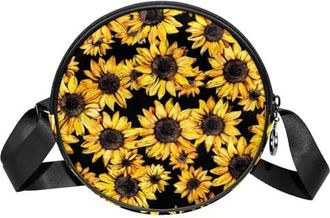 Generic Petit sac &agrave; bandouli&egrave;re rond pour femme, motif tournesol avec fermeture &eacute;clair, bretelles r&eacute;glables, style d&eacute;contract&eacute;, pour femmes et filles