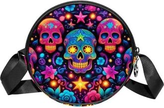 Generic Petit sac &agrave; bandouli&egrave;re circulaire pour femme, motif cr&acirc;nes, petit sac &agrave; dos &agrave; bandouli&egrave;re avec fermeture &eacute;clair, bretelles r&eacute;glables, sac &agrave; main rond