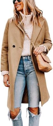 Generic Trench mi-long en laine m&eacute;lang&eacute;e &agrave; double boutonnage avec col &agrave; revers, convient pour une tenue d&eacute;contract&eacute;e dhiver, kaki, XXL