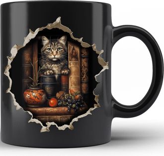 Generic Keramik Tasse 330Ml, 3D B&uuml;cherregal Wand Loch Bibliothek Katze Kreative Buch Fun Tassen Modern Teetassen F&uuml;r Muttertag Kaffeeliebhaber Arbeit