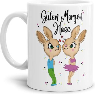 Tassendruck Tasse mit Spruch Hasenliebe - Guten Morgen Hase - Geschenk-Idee/S&uuml;&szlig;er Hase/Kaffee-Tasse/Ostern/Liebe - Wei&szlig;