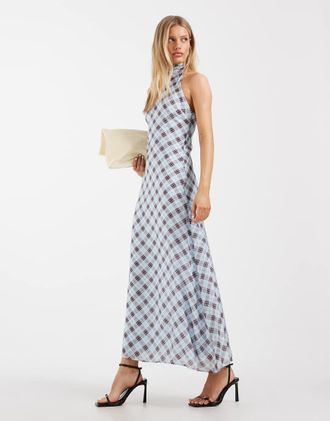Asos Robe longue dos nu en mousseline &agrave; col montant - Bleu &agrave; carreaux