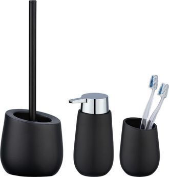 WENKO Bad-Accessoire-Set Mod. Badi 3-teilig aus hochwertiger Keramik in elegantem Schwarz mit Seifenspender WC-B&uuml;rste Zahnputzbecher Ma&szlig;e 38 cm x 13,5 cm