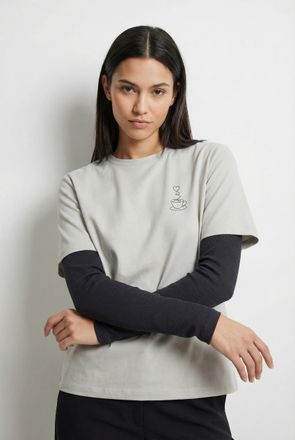 Vila Kurzarmshirt VILA VISYBILLA FRENCH O-NECK S/S TOP/PB/LC, Damen, Gr. XS, snow wei&szlig; detail:coffee schwarz, Jersey, Obermaterial: 100% Baumwolle, bedruck