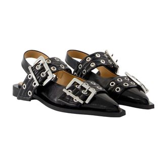 Ganni Womens Buckle-Embellished Leather Flat Black Plastic