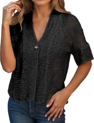 Generico Pull léger dété élégant et décontracté pour femme avec manches moyennes et col en V respirant, Noir, XXL