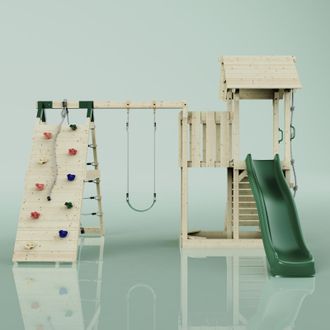 REBO Outdoor Spielturm mit Wellenrutsche, Kletterger&uuml;st mit Kletterturm, Kletterwand und Klettwernetz,Smaragdgr&uuml;n