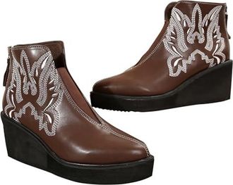 Generic Bottines compens&eacute;es pour femme - Bottines western avec d&eacute;tails brod&eacute;s et fermeture &eacute;clair &agrave; larri&egrave;re - Cuir synth&eacute;tique - Semelle antid&eacute;rapante - Pour