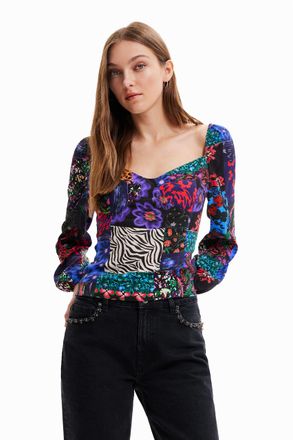 Desigual Womens BLUS_Patch Flowers 2000 Black Blouse, XL