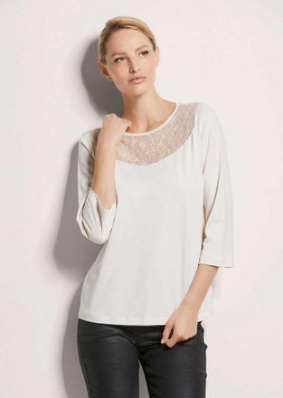 Madeleine Kurzarmshirt Rundhals-Shirt mit Spitze, Baumwollmix Uni-Design, U-Boot-Ausschnitt, Knopfverschluss im R&uuml;cken