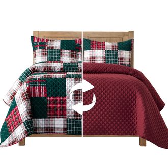 Elegant Comfort 3-teiliges gestepptes, wendbares Patchwork-Tagesdecken-Set mit Kissenbezügen, hochwertige Nähte, für alle Jahreszeiten, schwer, ultraweich, luxuriöse 