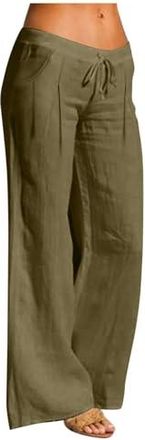 Generic Pantalon d&eacute;contract&eacute; en lin pour femme - Taille basse - Jambes larges - Pour voyage, plage, vacances, &eacute;t&eacute;, Vert, XXL