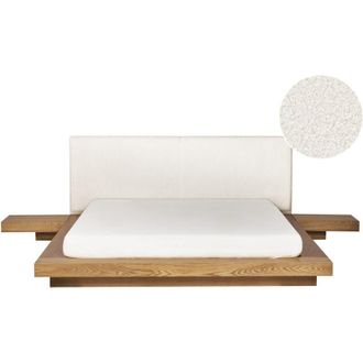 Beliani Lit Japonais T&ecirc;te de Lit Boucl&eacute; avec 2 Tables de Nuit 160 x 200 cm Bois de Fr&ecirc;ne Naturel Zen