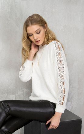 Passioni Strickpullover Pullover mit auff&auml;lliger Spitze U-Boot Ausschnitt