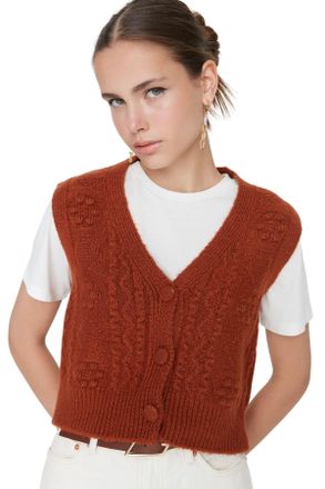 Trendyol Damen V-hals ensfarvede almindelig strikket vest Sweater, Tan, L EU