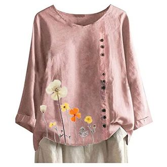 Generic Chemise en lin blanc &agrave; manches longues pour femmes - Haut &agrave; col rond pour femme - Haut boutonn&eacute; grande taille - Tunique &agrave; imprim&eacute; floral - Pull &agrave; &eacute;pau