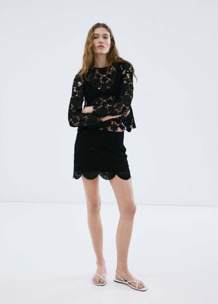 Mango Pull maille ajour&eacute;e &agrave; fleurs noir - Femme - S - MANGO