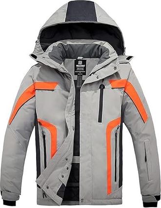 Wantdo Homme Veste de Ski Isolante Imperm&eacute;able Veste Hiver Chaude Veste de Pluie Coupe-Vent Blouson de Ski Snowboard Veste dhiver &agrave; Capuche Amovible Gris+Ora