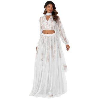 Maya Indian Traditional Dress for Women Outfit Lengha Choli Lehenga Saree Skirt and Top Dupatta Coord Set for Wedding Guest Grey Gold Seqiuns Sequins Size 
