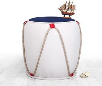 Emob Modern Pouffe with 50% Cotton & 50% Velvet, Blue & White, 44 cm Height, 42 cm Depth | 6 cm Orthopedic Sponge, PVC Coated Hidden Legs | Stylish & Funct