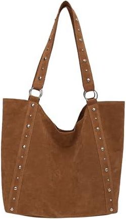 Generic Sac &agrave; bandouli&egrave;re en daim synth&eacute;tique clout&eacute; de couleur unie de grande capacit&eacute; pour voyage, shopping, travail, usage quotidien, marron, 12.99x4.72x12