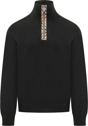 Burberry Homme, Pulls, Noir, Taille: 2XL Pull en laine &agrave; demi-fermeture &eacute;clair et finitions &agrave; carreaux