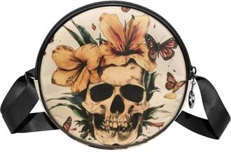 Generic Petit sac &agrave; bandouli&egrave;re rond pour femme, motif t&ecirc;te de mort, floral, avec fermeture &eacute;clair, bretelles r&eacute;glables, sac &agrave; main rond d&eacute;contract&eacute; pour femm