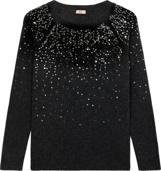 Oltre Femme, Pulls, Gris, Taille: 42 FR Pull en laine m&eacute;lang&eacute;e avec sequins