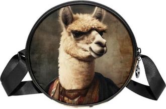 Generic Sac &agrave; bandouli&egrave;re rond pour femme, motif alpaga vintage, petit sac &agrave; bandouli&egrave;re avec fermeture &eacute;clair, bretelles r&eacute;glables, sac &agrave; main rond d&eacute;contrac