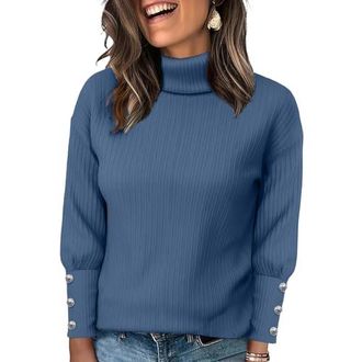 Generic Pull Femme Hiver Chaud col Montant D&eacute;contract&eacute; Manche Longue Couleur Unie Jumper Pull Femme Chic et El&eacute;gant Mode Ample Sweatshirts Bleu