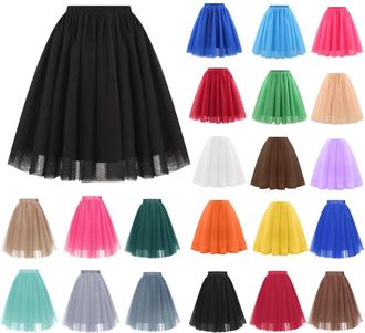 Generic T&uuml;llrock Schwarz Damen, 3 Lagen T&uuml;ll Rock Knielange T&uuml;llrock Elastische Petticoat A-Linie Midirock Gr&ouml;&szlig;en S-3XL Prinzessin Ballet Rock Kost&uuml;m Karneval