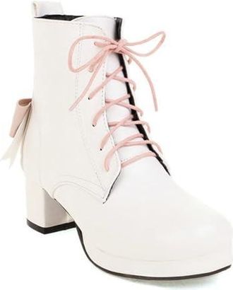 Generic Blanc,46 EU,Bottines à Lacets pour Femmes, Bout Rond, Plateforme, Talons Hauts épais avec noeud, Bottines à Talons Lolita Tendance