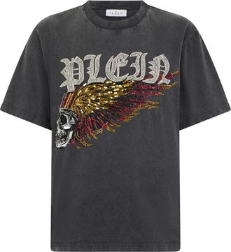 Philipp Plein Homme, Tops, Noir, Taille: S T-Shirt Col Rond D&eacute;lav&eacute; T&ecirc;te de Mort Aigle
