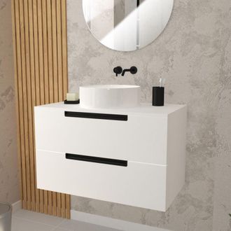 Aurlane Meuble salle de bains 80 cm blanc laque a suspendre - 2 tiroirs - vasque blanche 36 cm