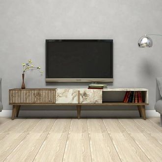 Dmora Meuble TV Aquila, Buffet de Salon, Armoire Basse pour TV, Base Murale de Rangement, 180x35h40 cm, Noyer et Blanc